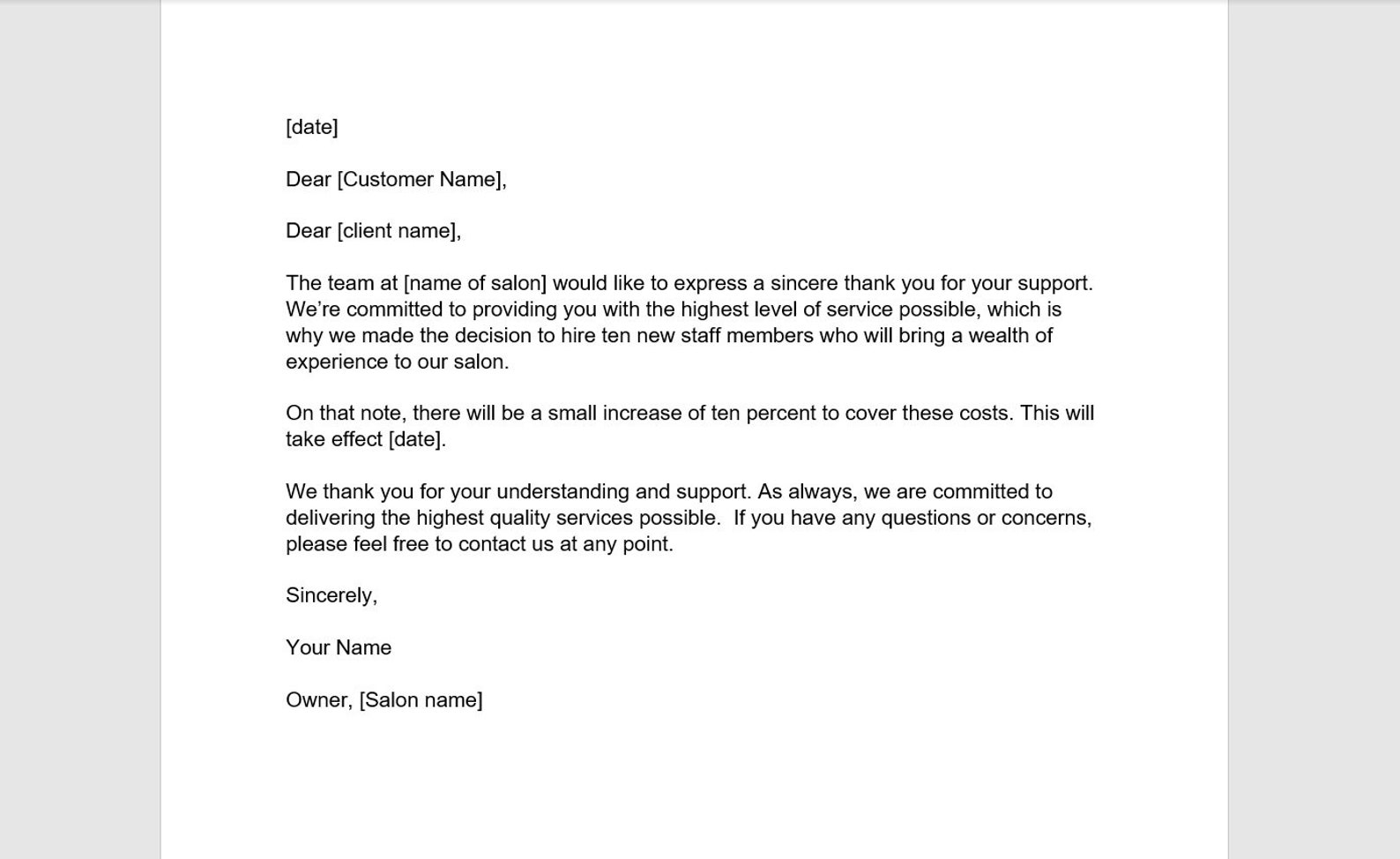 Salon Price Increase Notice Letter Template, Salon Price Increase ...