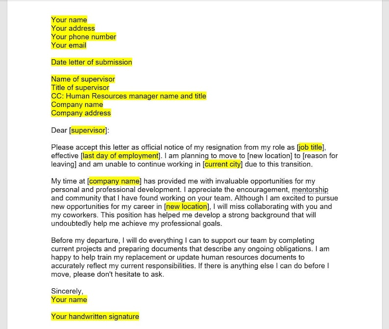 Relocation Resignation Letter, Resignation Letter, Resignation Template ...