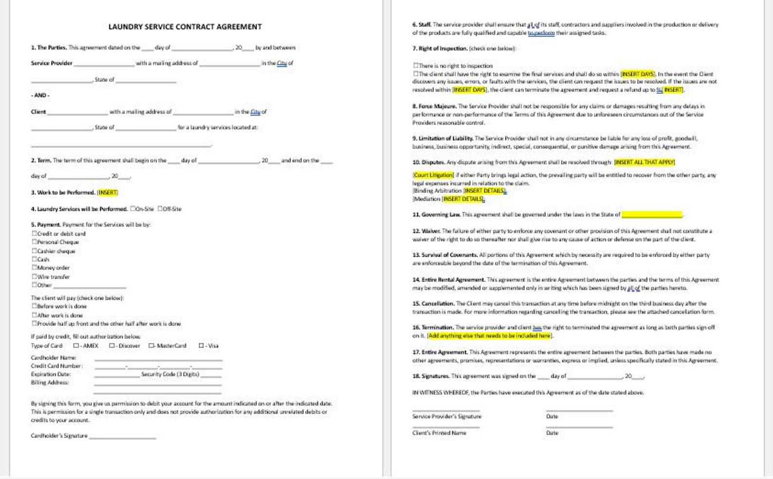 Editable Laundry Service Contract, Laundry Service Contract Template ...