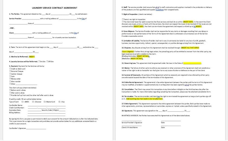 Editable Laundry Service Contract, Laundry Service Contract Template ...