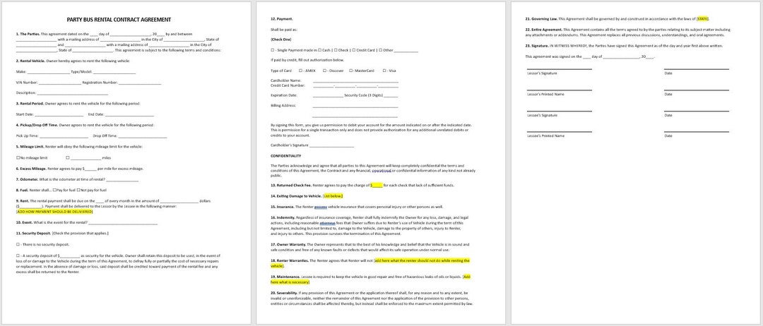 Party Bus Rental Contract Agreement, Party Bus Contract Template, Party ...