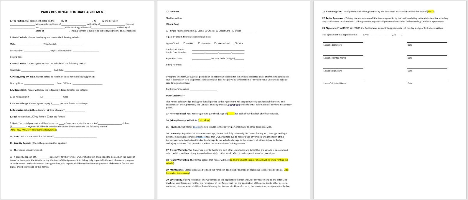 Party Bus Rental Contract Agreement, Party Bus Contract Template, Party ...