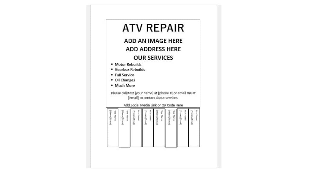 Editable ATV Repair Tear-off Flyer, Atv Repair Ad, Tear-off Flyer ...