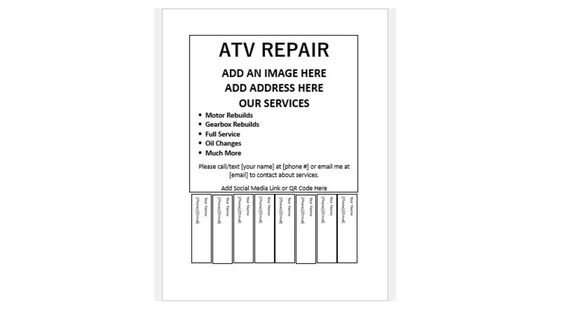Editable ATV Repair Tear-off Flyer, Atv Repair Ad, Tear-off Flyer ...
