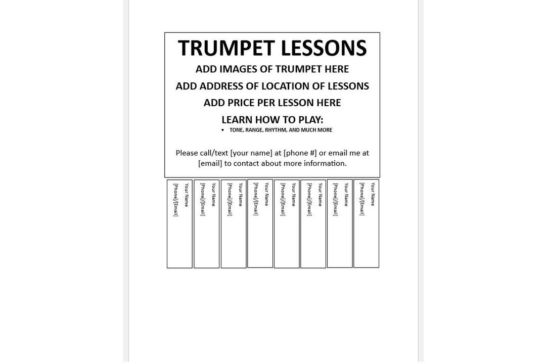 Editable Trumpet Lessons Tear-off Flyer, Trumpet Lessons Tear-off Flyer ...