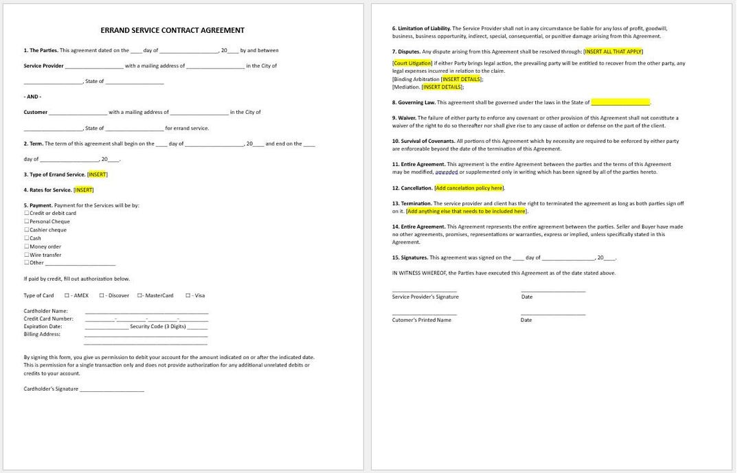 Editable Errand Service Contract, Errand Service Contract Template ...