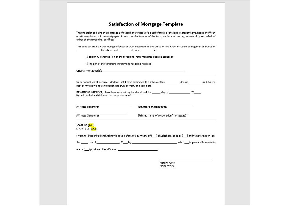 Editable Satisfaction of Mortgage Template, Satisfaction of Mortgage ...