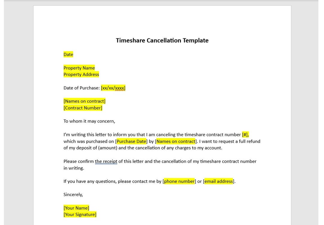 Editable Timeshare Cancellation Template, Timeshare Cancellation ...