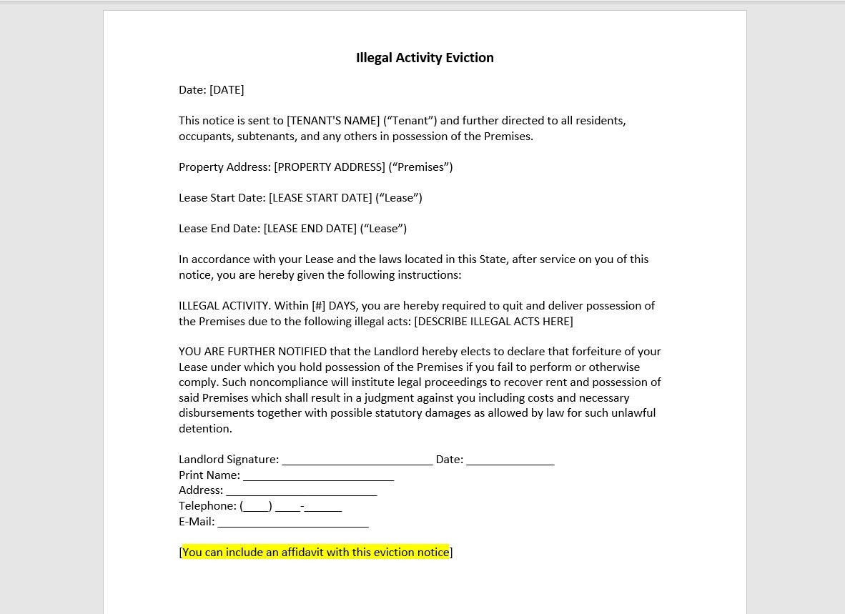 Illegal Activity Eviction Notice Letter Template, Eviction Notice ...