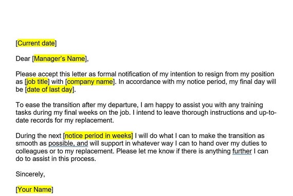 Resignation Letter Template Resignation Letter Resignation - Etsy Canada