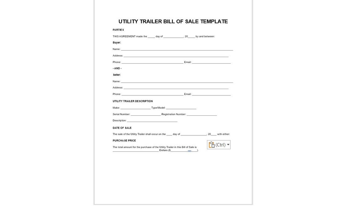 Editable Utility Trailer Bill of Sale Template, Editable Bill of Sale ...