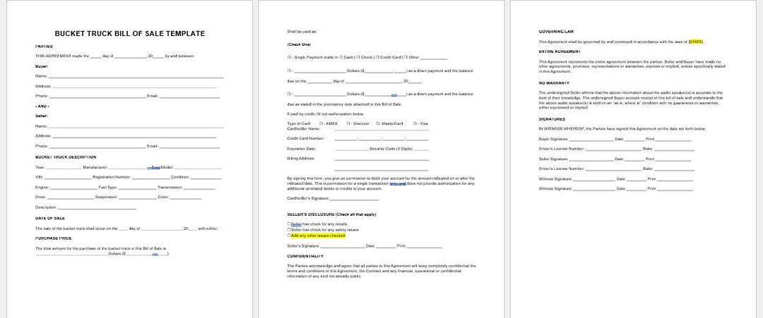 Editable Bucket Truck Bill of Sale Template, Editable Bill of Sale ...