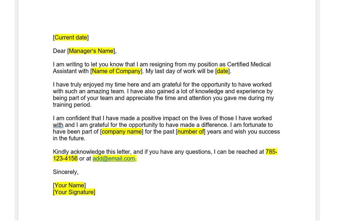 Certified Medical Assistant Resignation Letter Template, Resignation ...