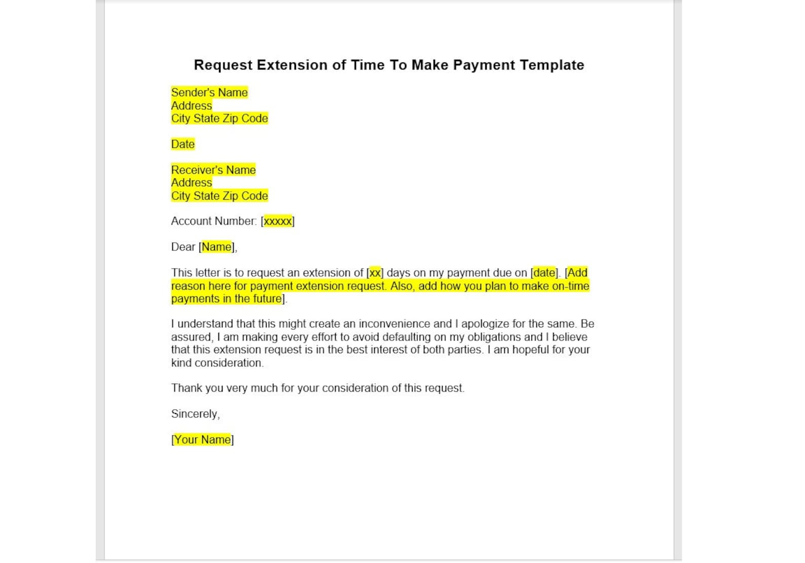 Request Extension of Time to Make Payment Template, Payment Extension ...