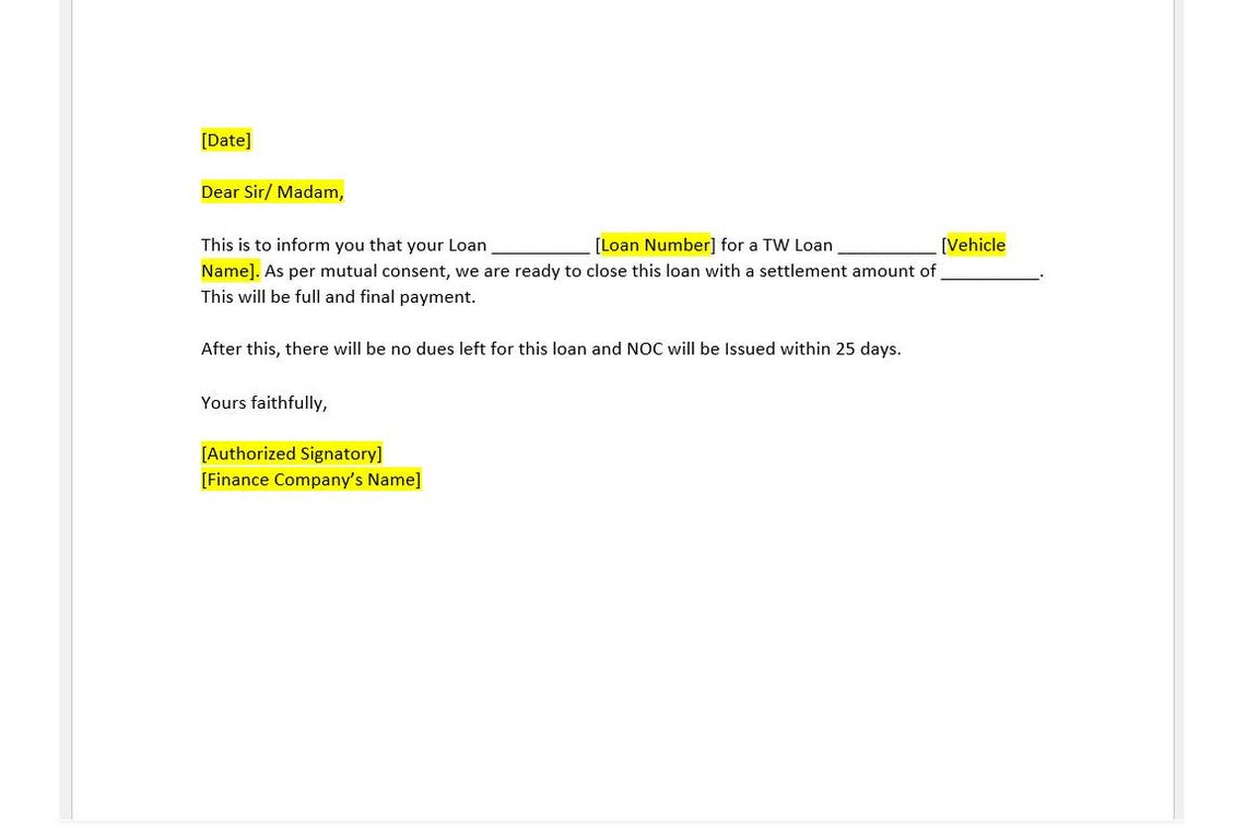 Full & Final Car Loan Settlement Letter Template, Loan Settlement ...