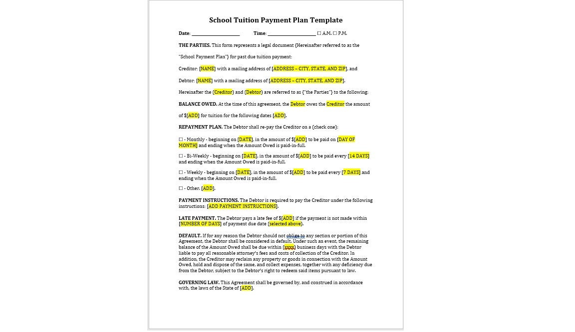 Editable School Tuition Payment Plan Template, School Tuition Payment ...