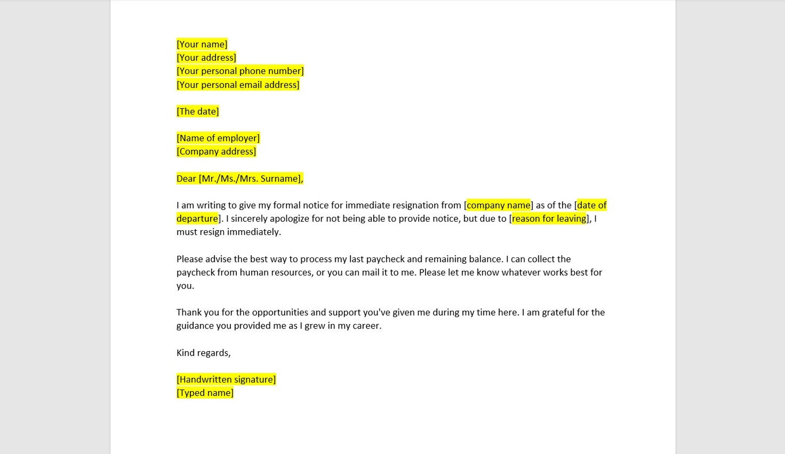 No Notice Resignation Letter Template, Resignation Letter, Resignation ...