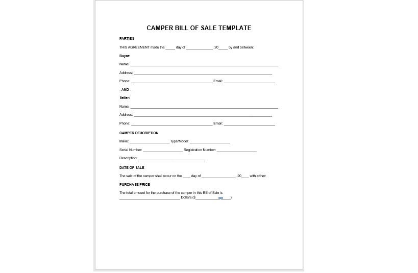 Editable Camper Bill of Sale Template, Editable Bill of Sale, Bill of ...
