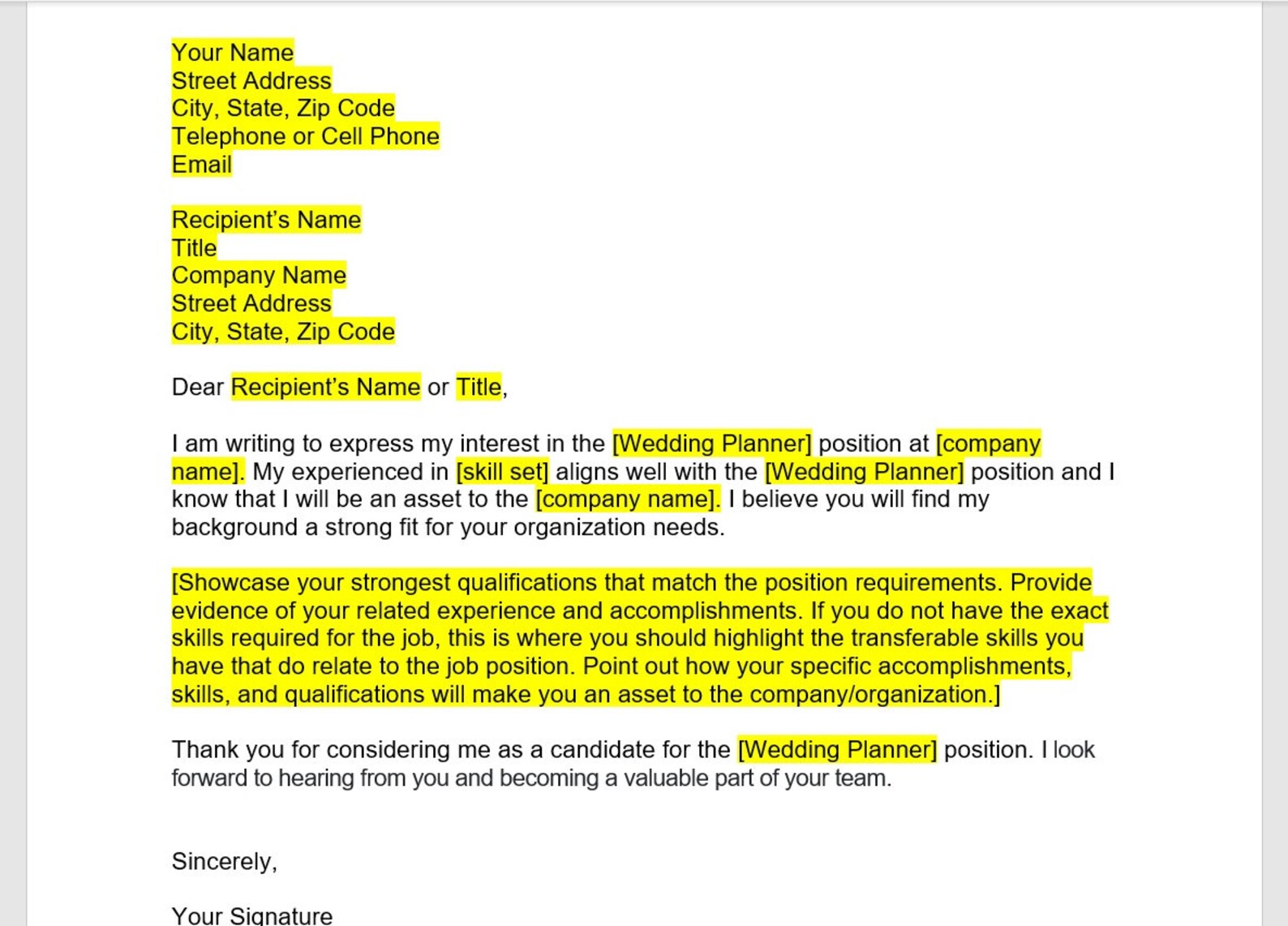 Wedding Planner, Simple Cover Letter, Cover Letter Template, Editable ...