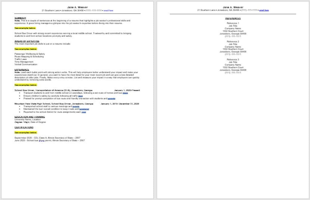 School Bus Driver Resume, Professional Resume Template Word, Basic ...