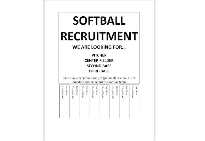 Editable Softball Recruiting Tear-off Flyer, Tear-off Flyer Template ...
