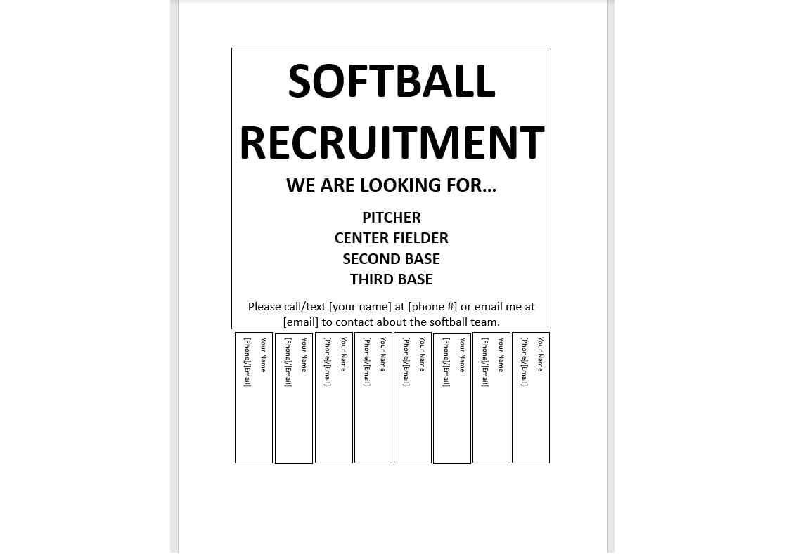 Editable Softball Recruiting Tear-off Flyer, Tear-off Flyer Template ...