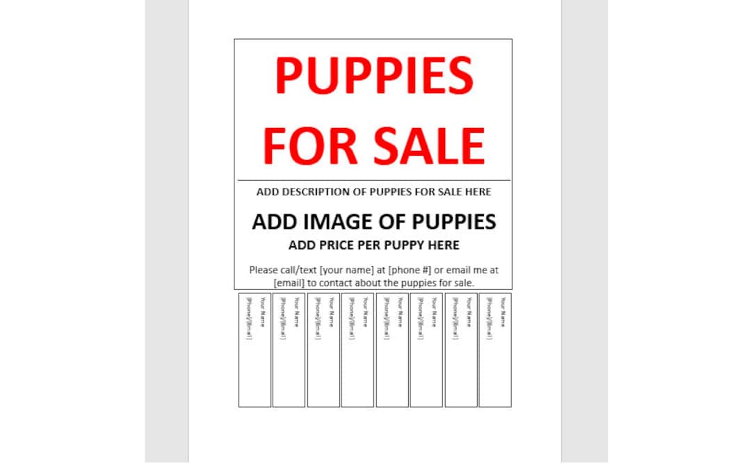 Editable Puppies for Sale Tear-off Flyer, Tear-off Flyer Template, for ...