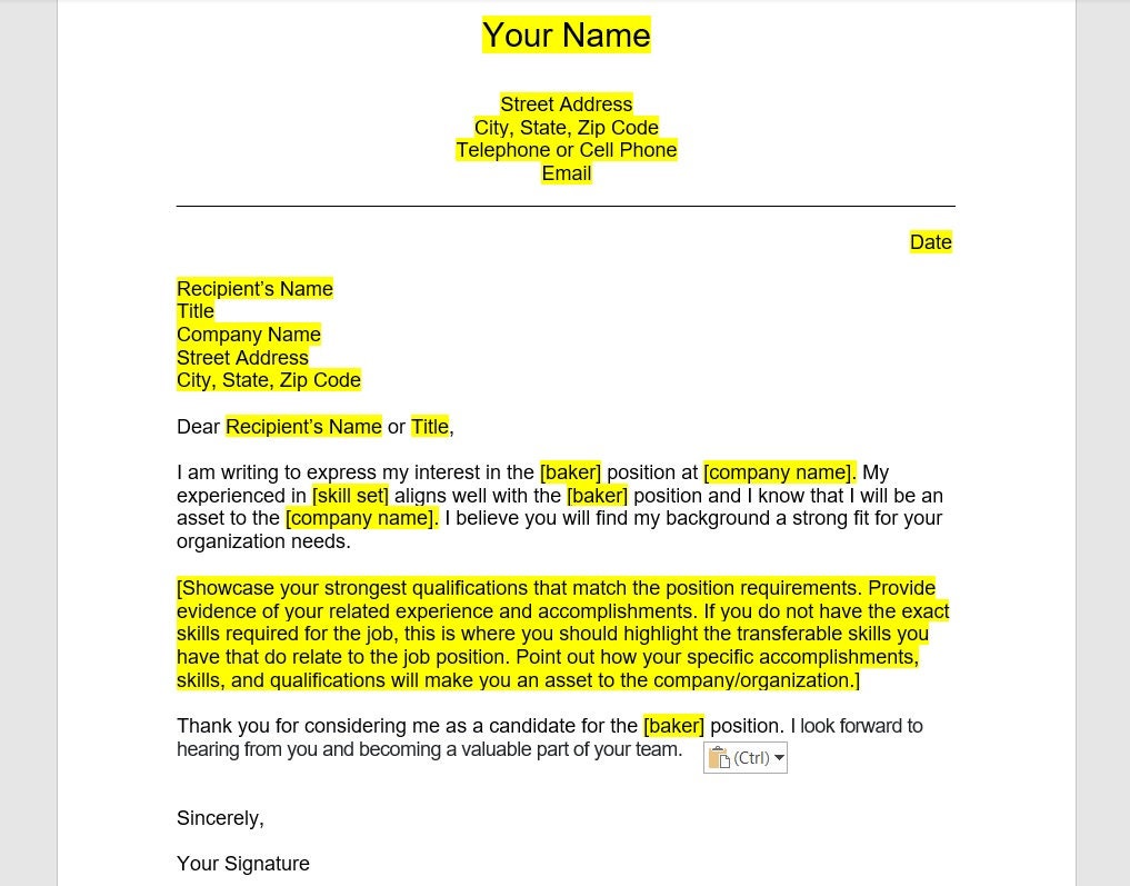 Baker Cover Letter, Cover Letter Template, Editable Cover Letter ...