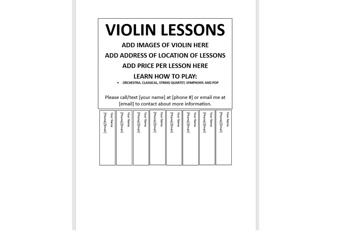 Editable Violin Lessons Tear-off Flyer, Violin Lessons Tear-off Flyer ...