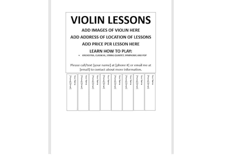 Editable Violin Lessons Tear-off Flyer, Violin Lessons Tear-off Flyer ...