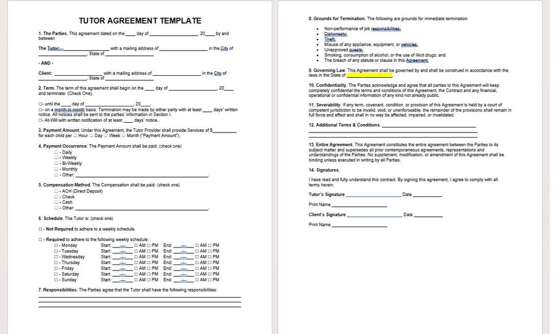 Editable Tutor Agreement, Tutor Agreement, Tutor Contract Template ...