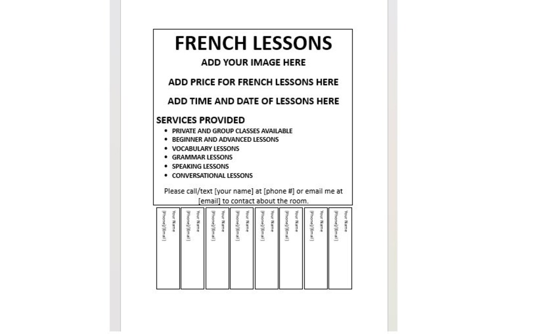 Editable French Lessons Tear-off Flyer, Tear-off Flyer Template, French ...