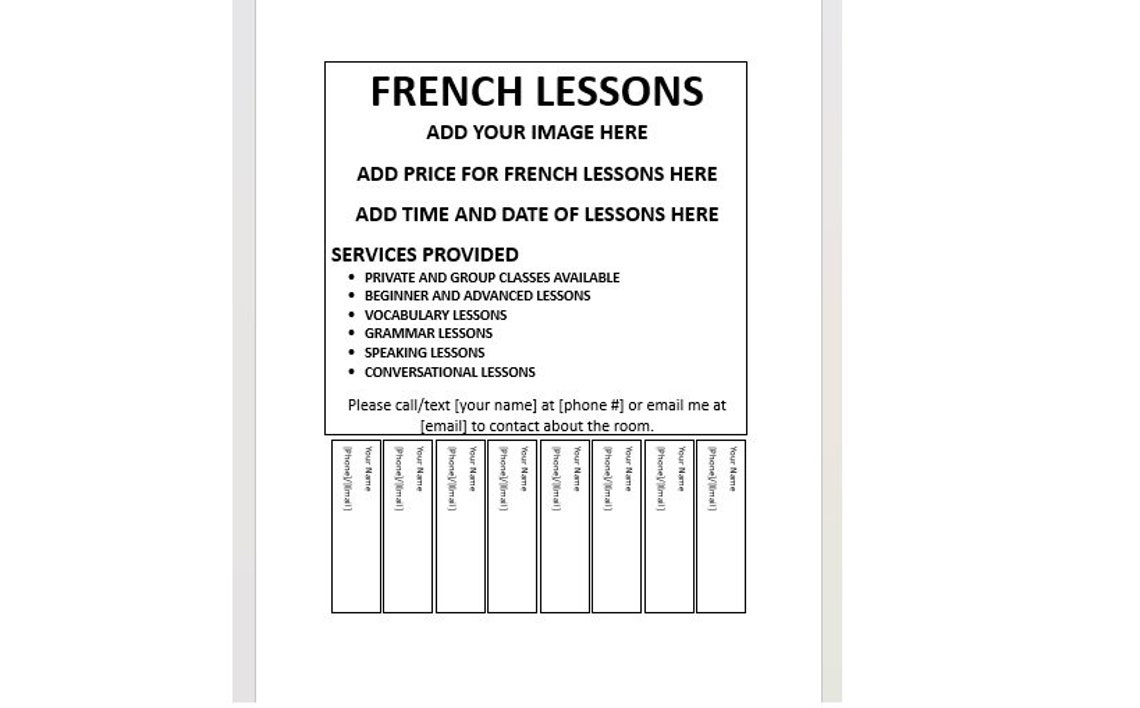 Editable French Lessons Tear-off Flyer, Tear-off Flyer Template, French ...