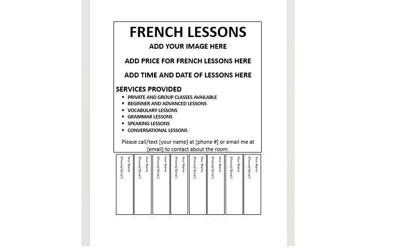 Editable French Lessons Tear-off Flyer, Tear-off Flyer Template, French ...