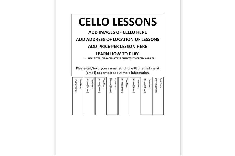 Editable Cello Lessons Tear-off Flyer, Cello Lessons Tear-off Flyer ...