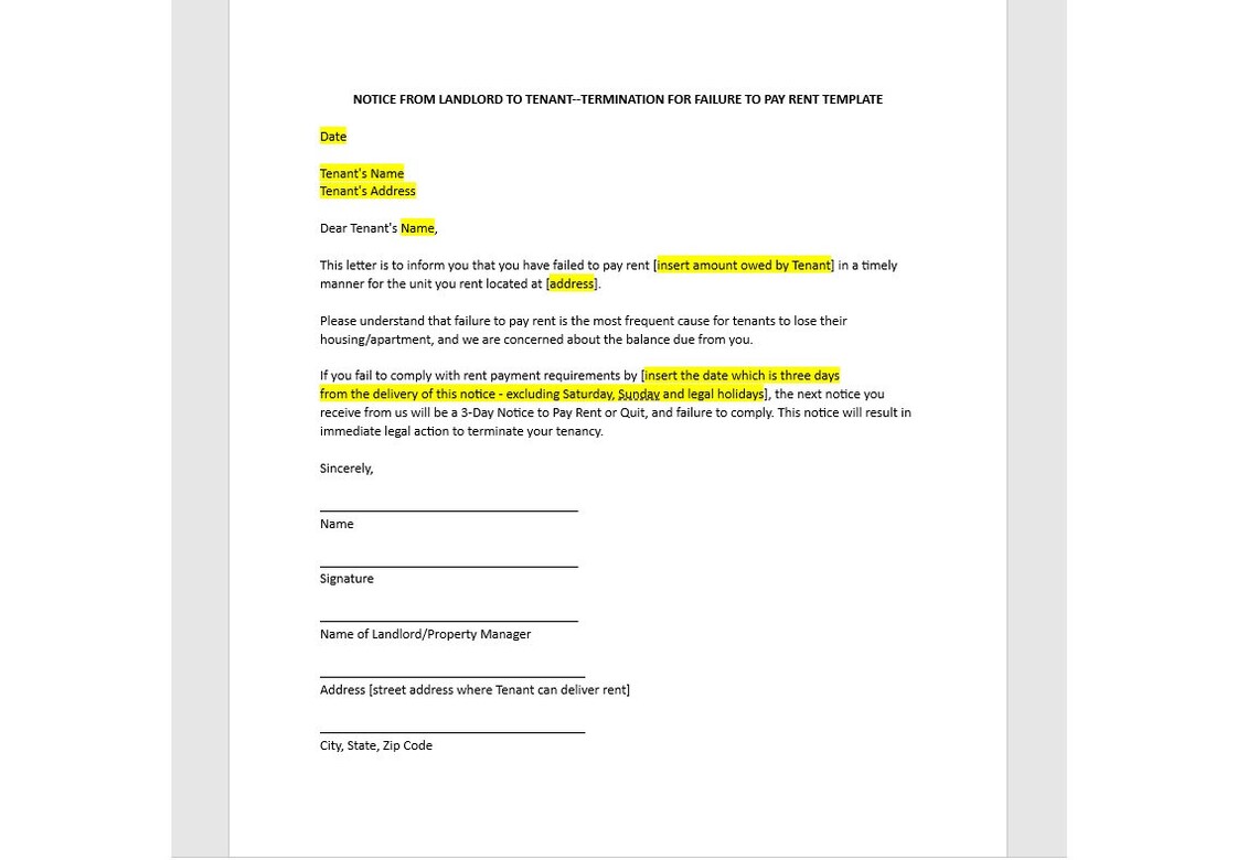 Editable Failure To Pay Rent Letter Template Failure To Pay Rent