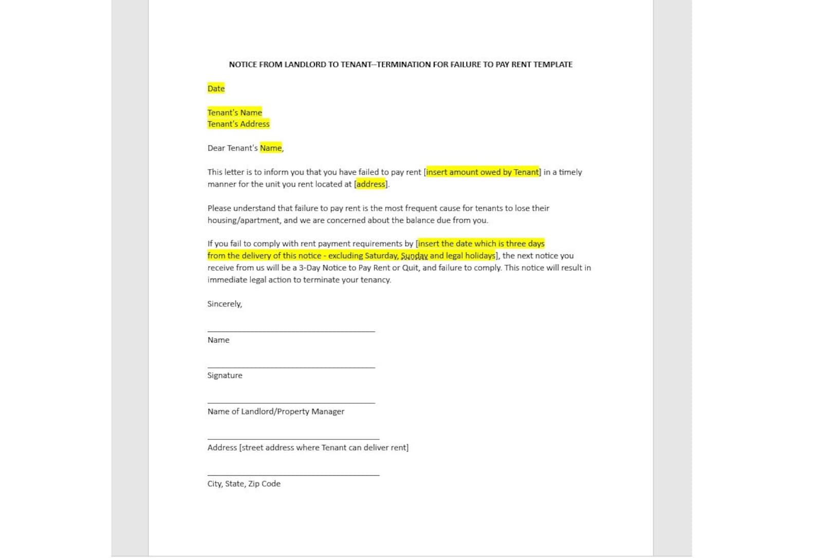 Editable Failure to Pay Rent Letter Template, Failure to Pay Rent ...