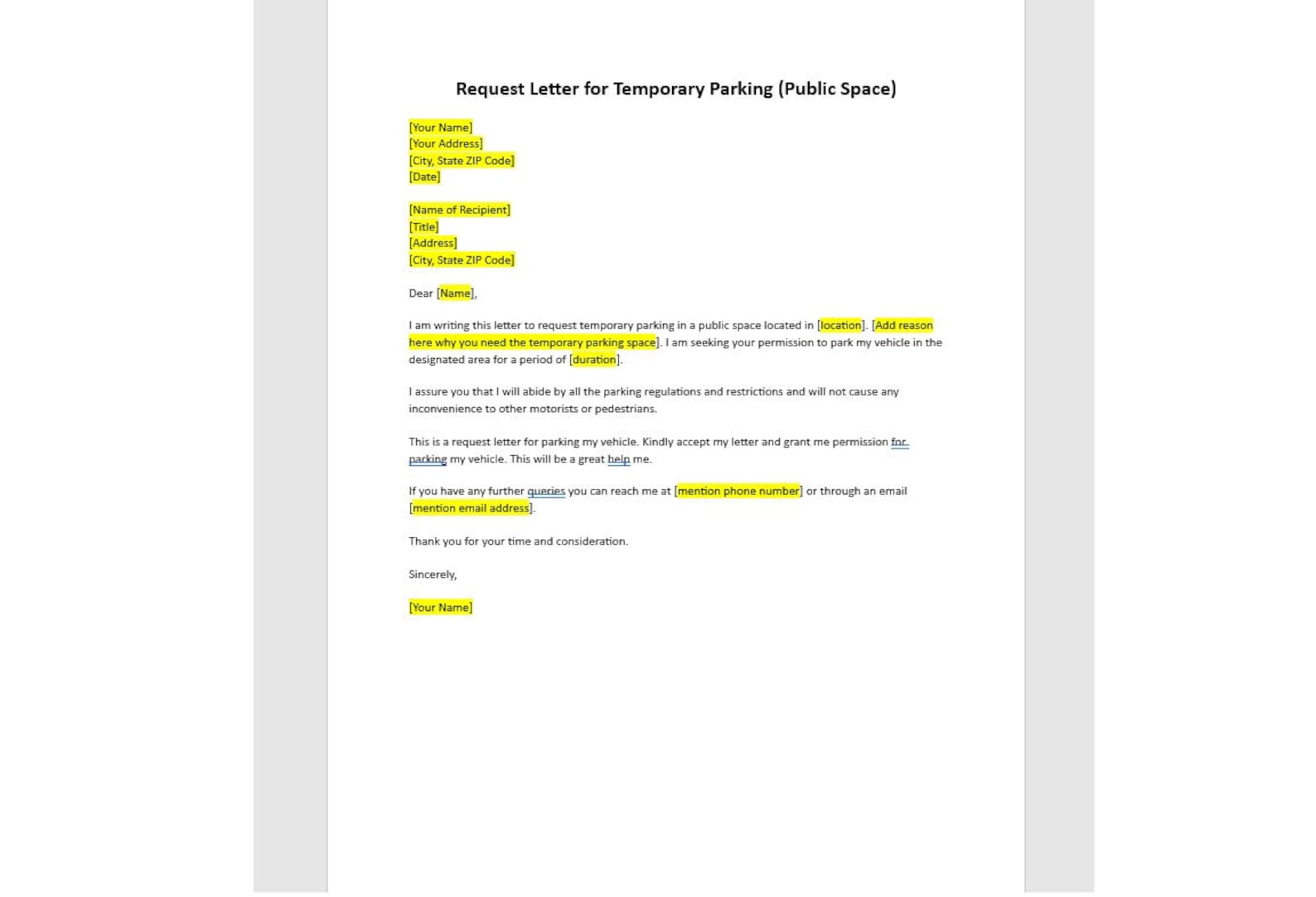 Editable Request Letter for Temporary Parking Template, Temporary Parking Template, Parking ...