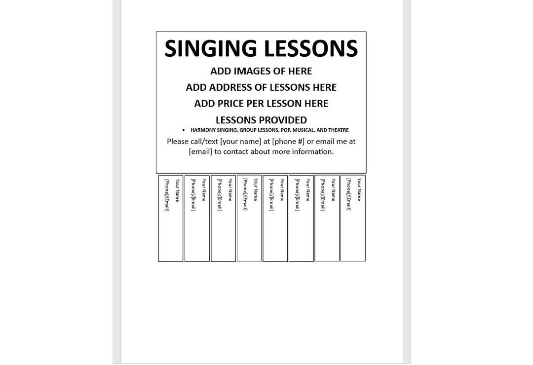 Editable Singing Lessons Tear-off Flyer, Singing Lessons Tear-off Flyer ...