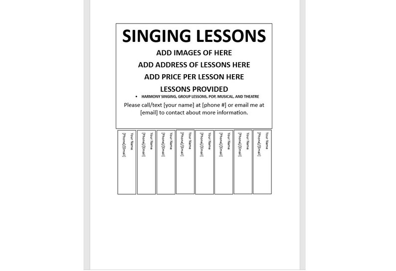 Editable Singing Lessons Tear-off Flyer, Singing Lessons Tear-off Flyer ...
