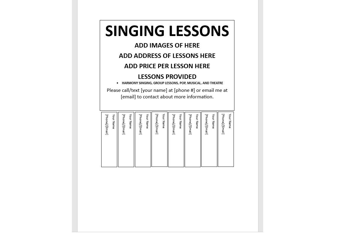 Editable Singing Lessons Tear-off Flyer, Singing Lessons Tear-off Flyer ...