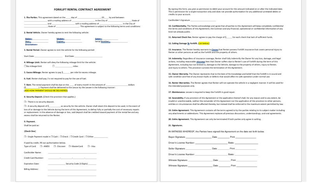Forklift Rental Contract Agreement, Forklift Rental Contract Template ...