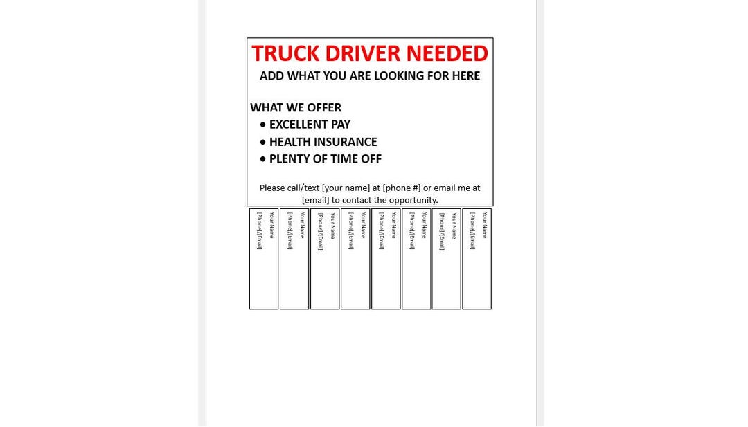 Editable Truck Driver Needed Tear-off Flyer, Tear-off Flyer Template ...
