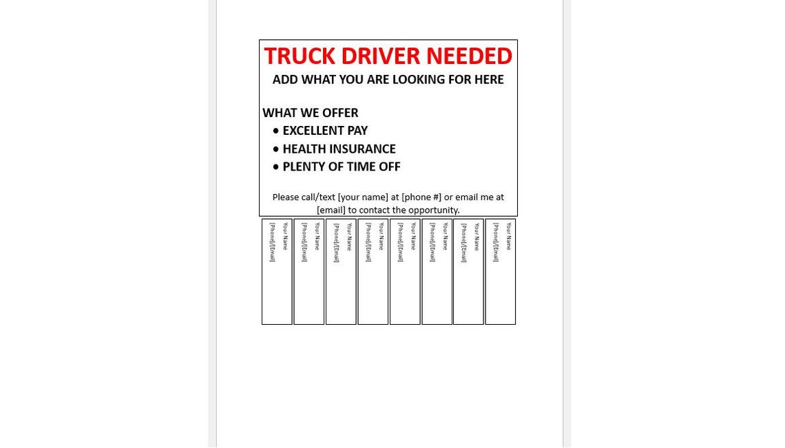 Editable Truck Driver Needed Tear-off Flyer, Tear-off Flyer Template ...