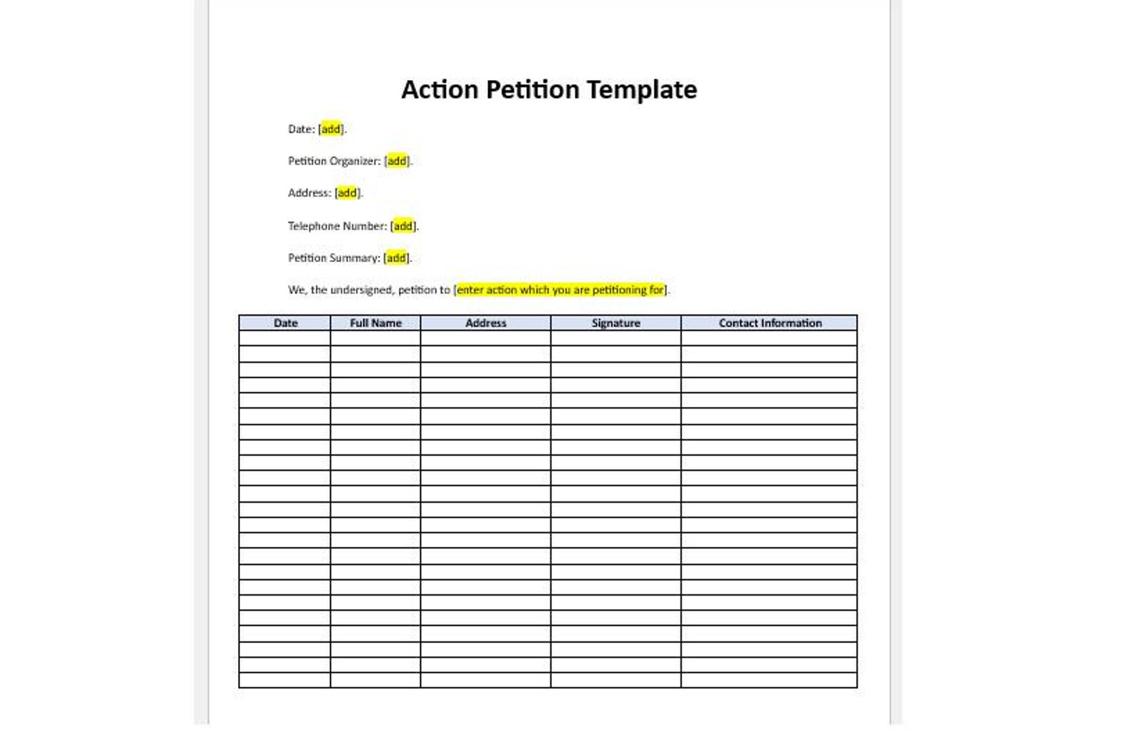 Editable Action Petition, Action Petition Template, Action Petition ...