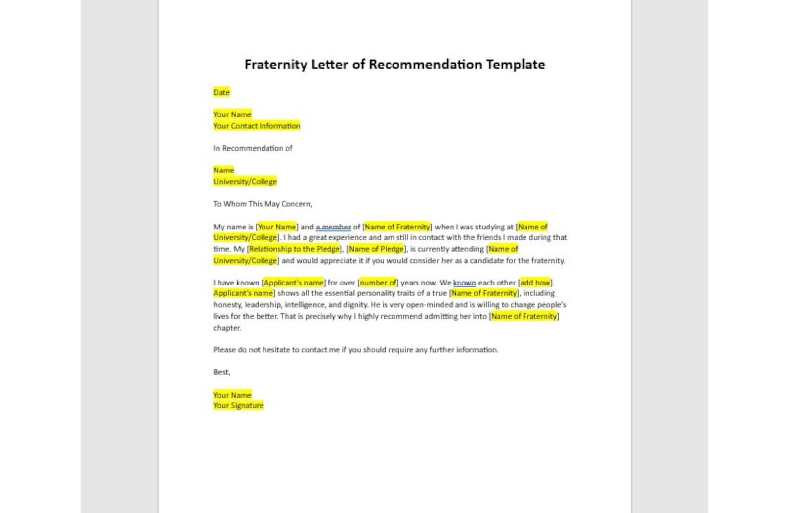 Editable Fraternity Letter of Recommendation Template, Recommendation ...
