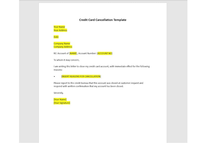 Editable Credit Card Cancellation Template, Credit Card Cancellation ...