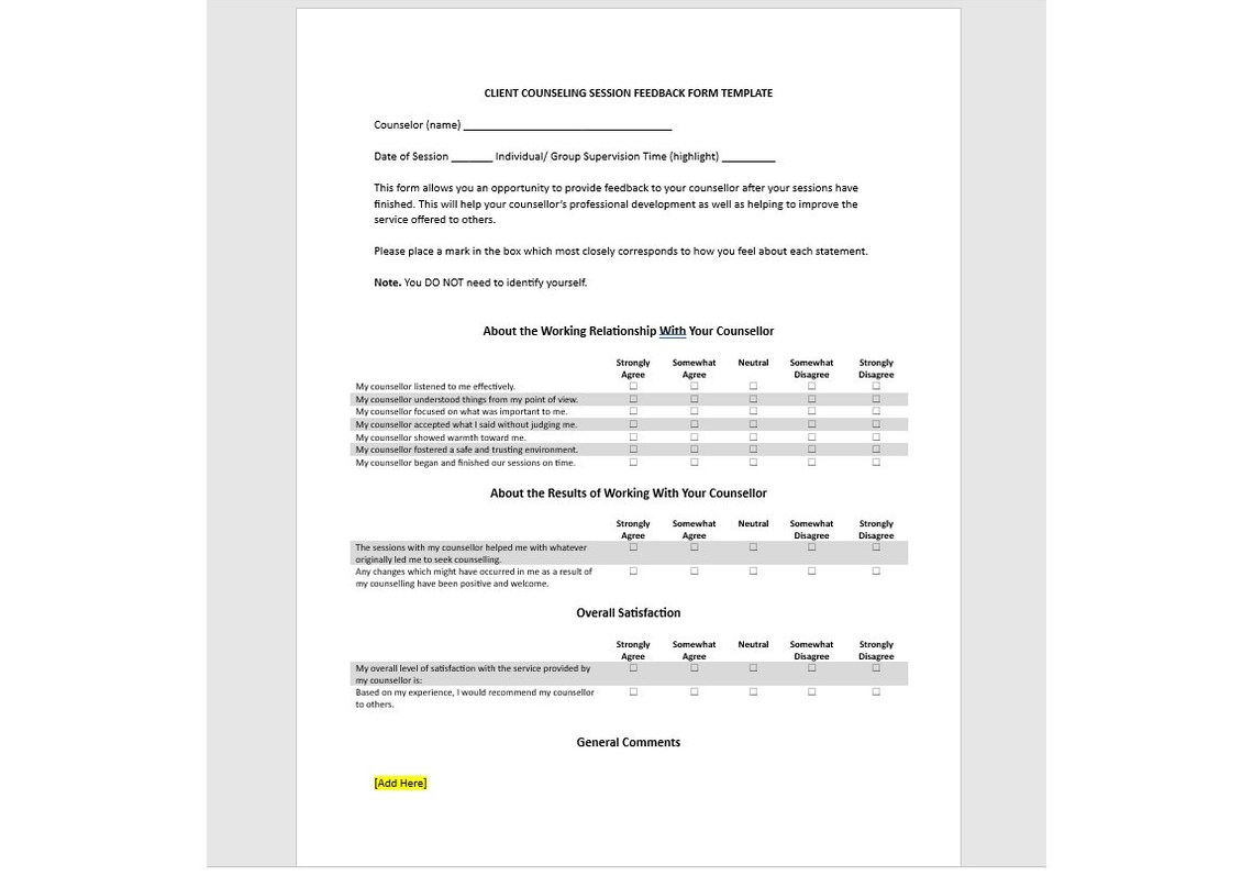 Editable Counseling Session Form, Counseling Session Feedback, Feedback ...