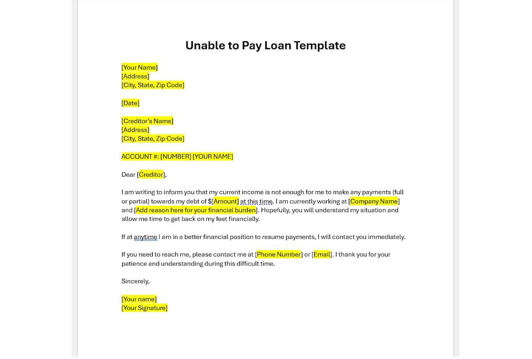 Unable to Pay Loan Letter Template, Unable to Pay Loan Letter, Unable ...