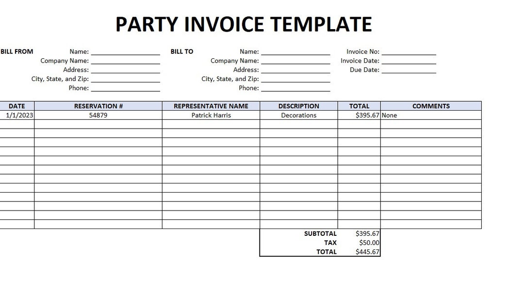 Editable Party Invoice Template, Party Invoice Template, Excel Template ...